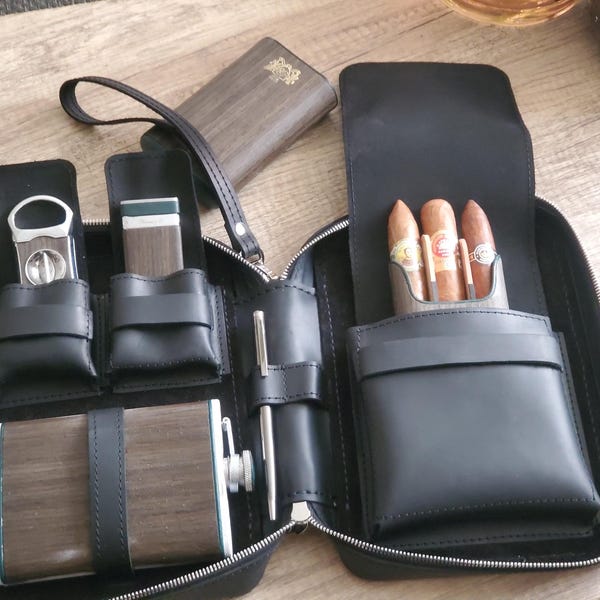 Leather Cigars Case With Flask Pocket, Personalized Leather Box for ...
