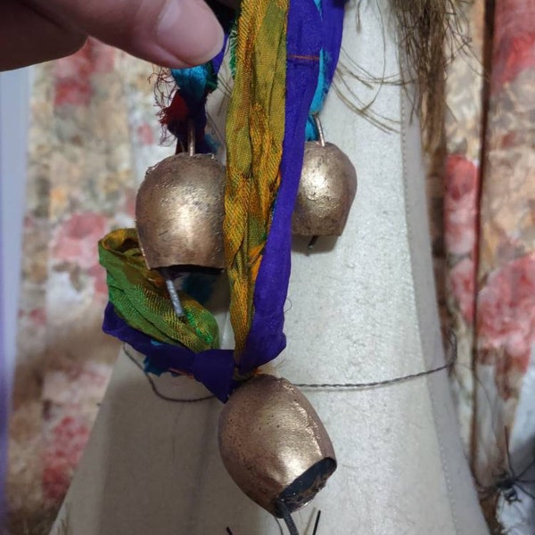 Bells on String, Rustic Windchime, Ceramic Beaded Hanger, Vintage Cow ...