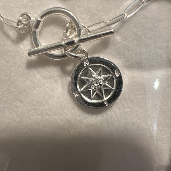 Sterling Silver Compass Necklace, Paperclip Chain Necklace With Toggle ...