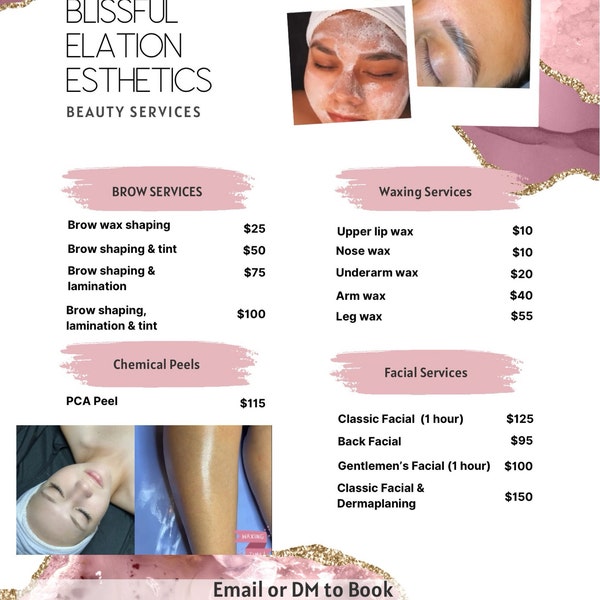 Editable Esthetician Price List Menu Template, Day Spa Price List Menu ...