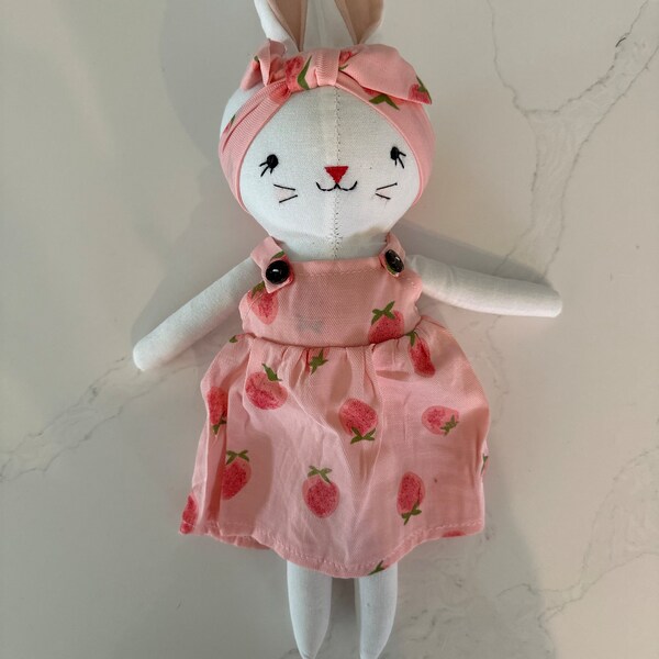 Bunny Dolll With Pink Strawberry Dress, Heirloom Handmade Doll, Textile ...