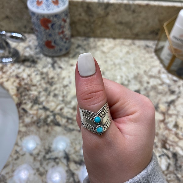 Two Stone Turquoise Ring, Thumb Ring, Chevron Ring, Boho Sterling ...