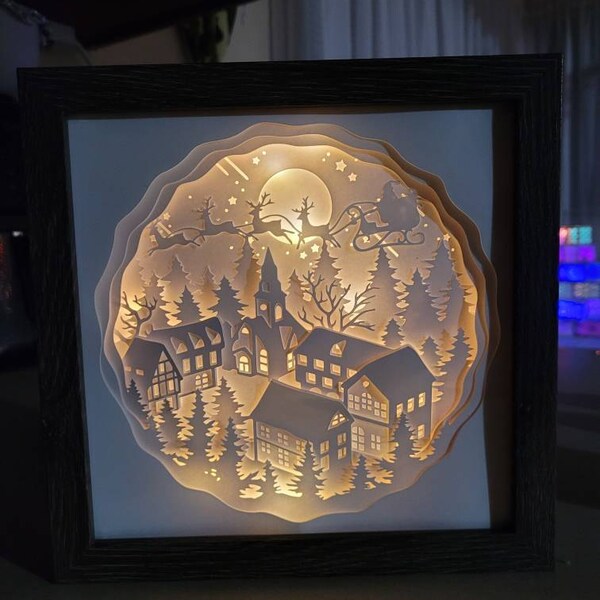 3D Shadowbox Winter, Shadow Box Svg, Night Light Svg, Shadowbox Village ...