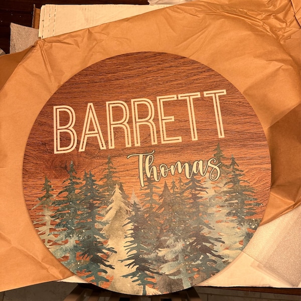 Forest Round Wood Name Sign, Wood Baby Name Sign, Wilderness Baby Sign ...