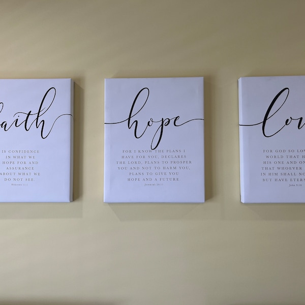 Faith Hope Love Bible Verse Wall Art Set of 3 Prints, Scripture Quote Hebrews 11, Jeremiah 29 ...