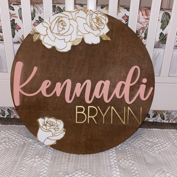 Wooden Name Sign Roses | 3D Name Sign Wood | Rose Nursery Decor |floral ...