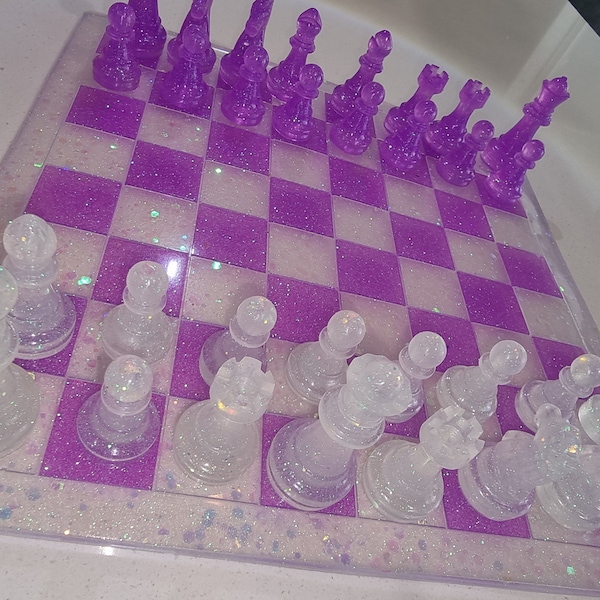 Glitter Resin Chess and Checkers Set | Enchanted Opal & Chunky Pink ...