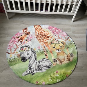 Baby Elephant Round Rug, Safari Animals Nursery Carpet, Roses Baby Room ...
