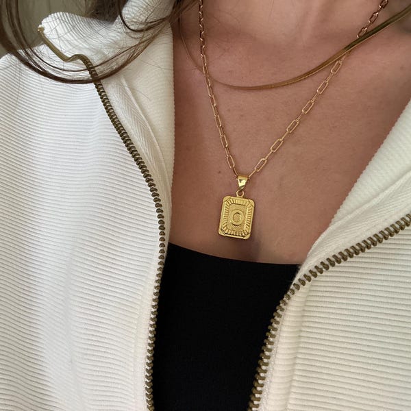 18K GOLD FILLED Initial Necklace, Square Initial Letter Necklace, Gold Rectangle Initial, Gold ...