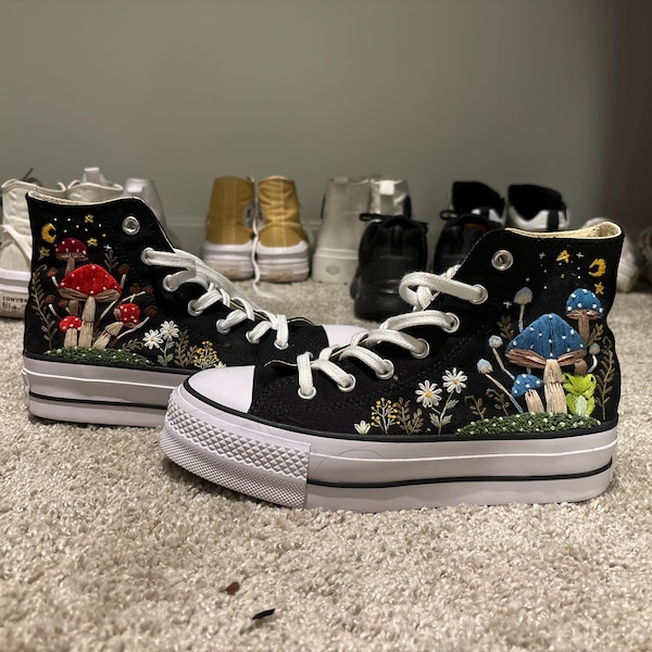 Embroidered Converse Mushroom and Frog, Converse High Tops Chuck Taylor ...