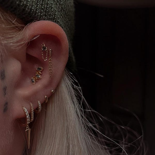 14K Solid Gold Triple Chain Attachment, Double Chain Piercing, Loop ...