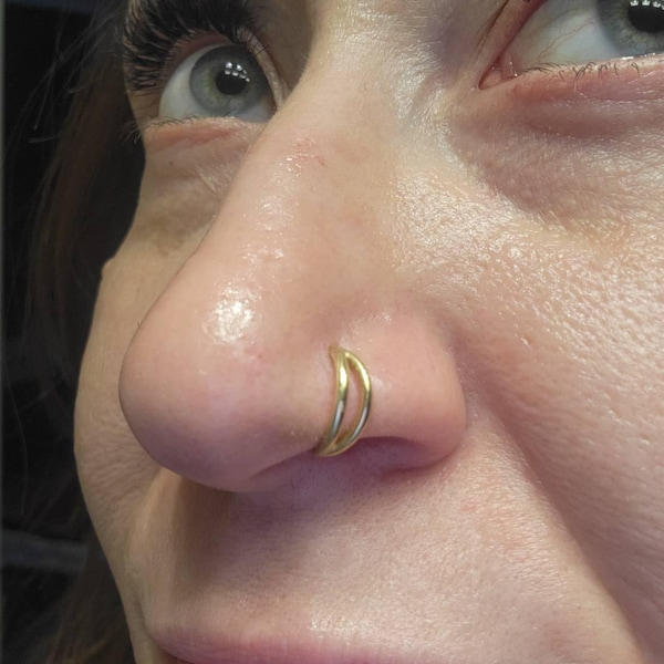 14k Solid Gold Double Row Hinged Hoop Danity Cartilage Ring Nose Ring ...