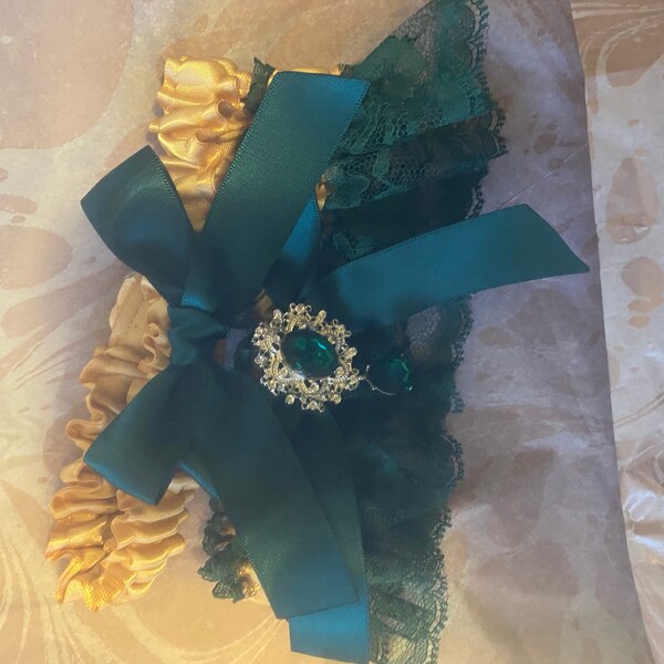 Hunter Green Lace Gold/hunter Satin Garter Set-includes Toss Garter ...
