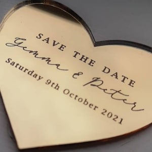 Save the Dates Mirrored Acrylic Heart Wedding Invite Perspex Engraved ...