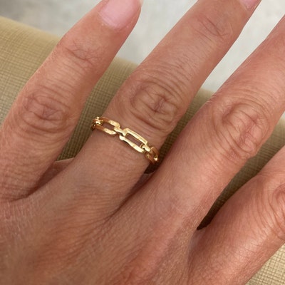 14K Gold Chain Ring, Paperclip Chain Band, Rectangle Long Chain Ring ...