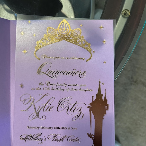 Rapunzel Quinceanera Invitation: Gold Crown, Lilac Envelope, Sweet 16 ...