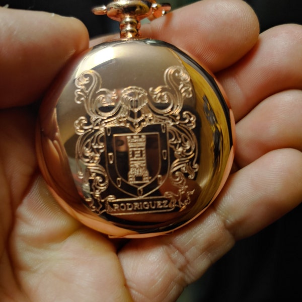 Family Crest Pocket Watch: 18k Rose Gold Plated, Custom Engraved - Etsy