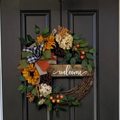 Fall Sunflower Welcome Wreath, Fall Wreath, Fall Farmhouse Wreath, Fall ...