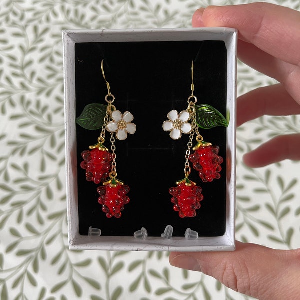 Raspberry Earrings Glass Fruit Earrings Food Jewelry Dangle & Drop ...