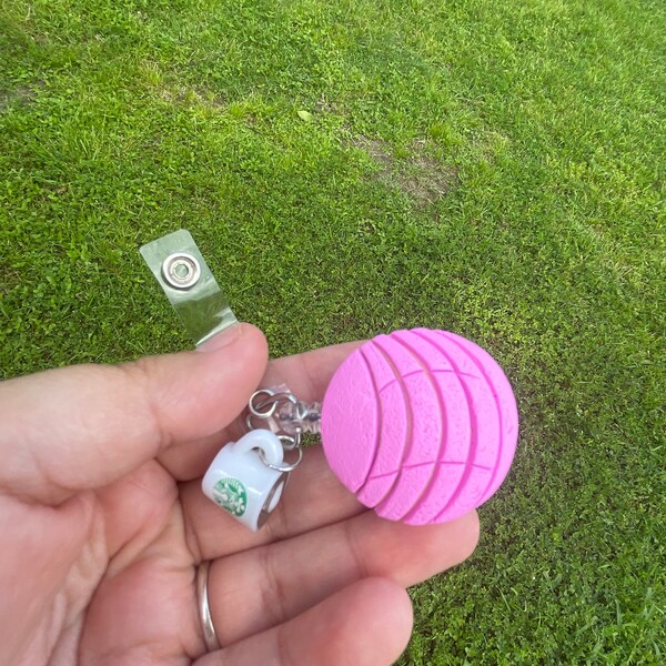 Pink Concha Badge Reel With Coffee Cup Charm | Handmade Polymer Clay ...
