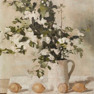 Neutral Still Life Oil Painting / White Flower Vase Art Print / Vintage ...