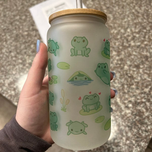 16oz Glass Cup/ Frogs / Kawaii / Glass Cup With Lid/ - Etsy