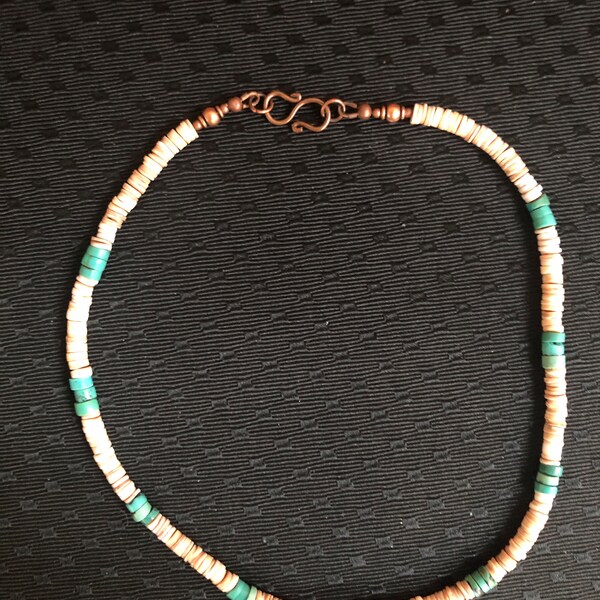 Olive Shell Necklace, Shell Heishi Necklace, Turquoise Chip Necklace ...