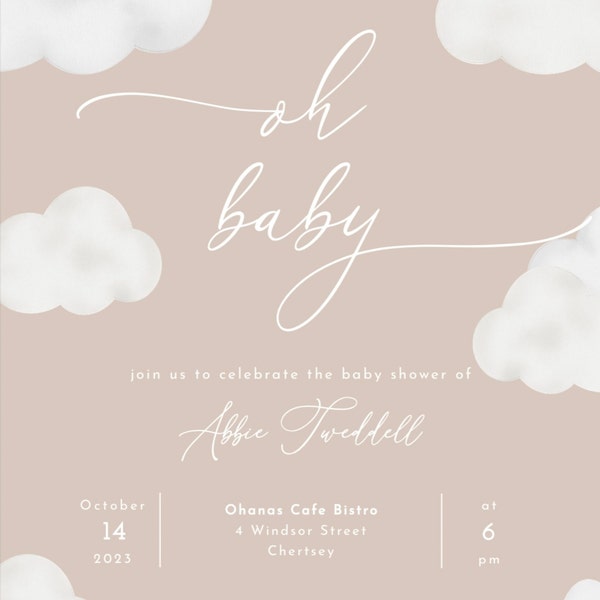 Oh Baby Modern Neutral Cloud Baby Shower Invitation Template for Beige ...