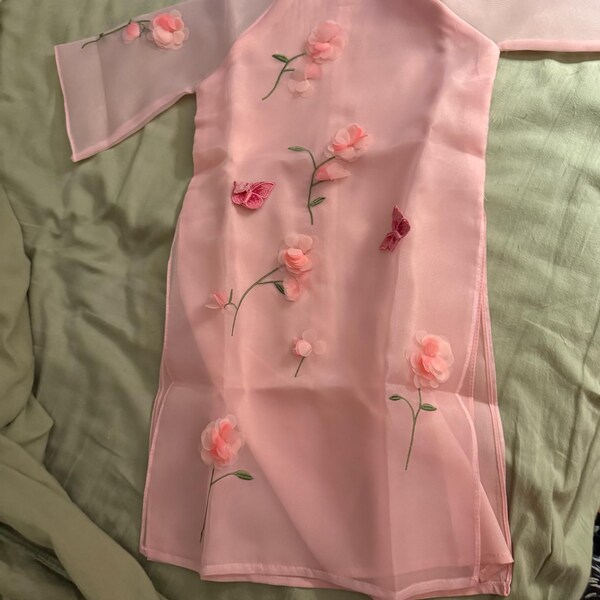 Girl Pink 3D Flower Ao Dai Set|pre-made Traditional Vietnamese Ao Dai ...