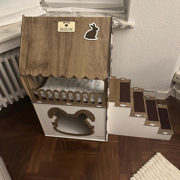 Wooden Rabbit House, Two Storey Rabbit Castle, Hay Feeder Bunny ...