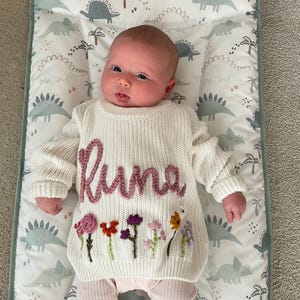 Beige Personalised Baby Name Jumper Hand Embroidered Chunky Knit ...