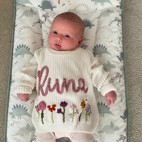 Beige Personalised Baby Name Jumper Hand Embroidered Chunky Knit ...