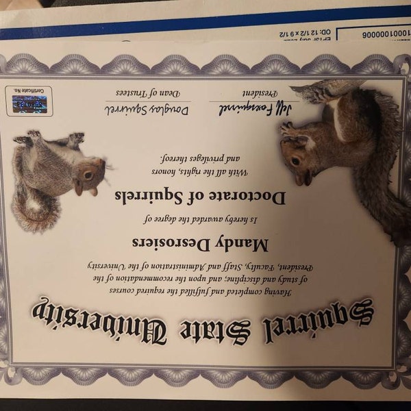 Personalized SQUIRREL University Certificate - Digital, Printed, or ...
