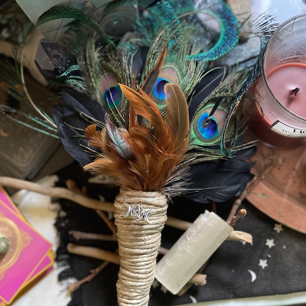 Witch's Wand, Feather Smudge Wand, Feather Wand, Peacock Feather Wand ...