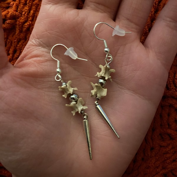 Silver Spike Snake Bone Earrings, Real Bone Jewelry, Snake Vertebrae ...