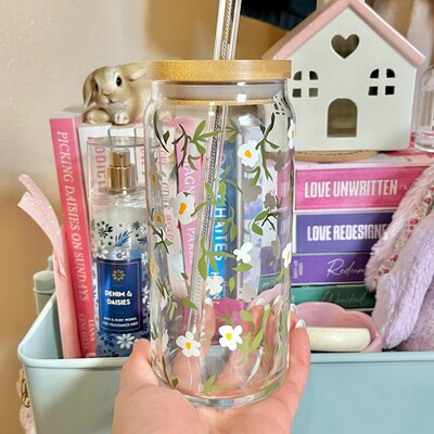 Flower Glass Cups, Floral Iced Coffee Cup, Glass Cups With Lid and ...