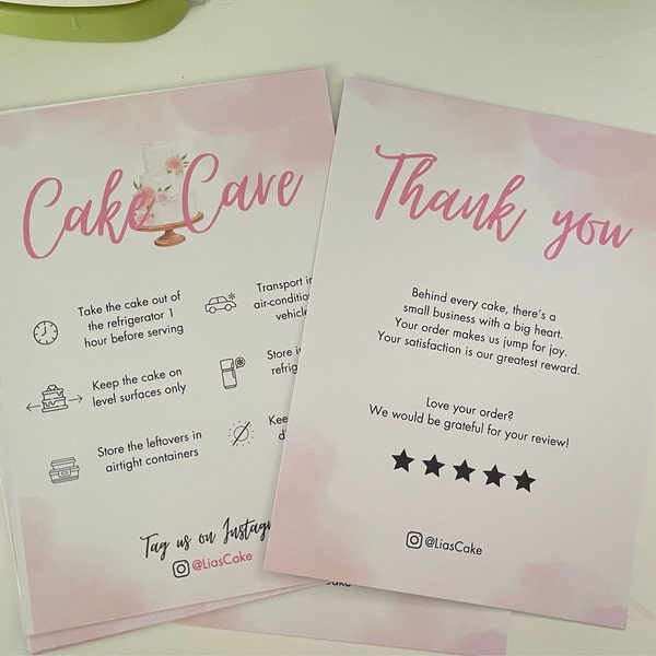 Cake Care Card, Thank You Business Card, Cake Instructions, Cake ...