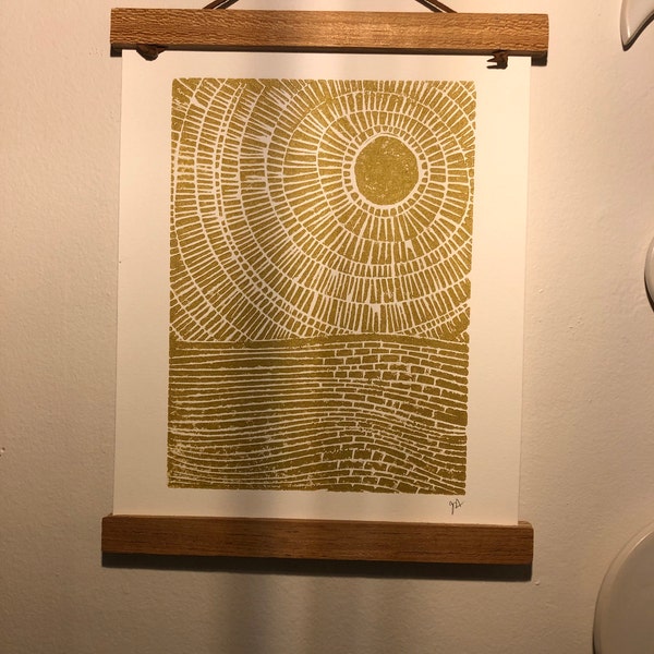 Sunset on the Ocean - Hand-pressed Linocut Print - 8x10 Minimal Textured Poster- Metallic Gold ...