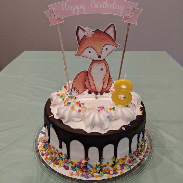 PRINTABLE Fox Birthday Cake Topper, Woodland Birthday Cake Topper, Girl ...