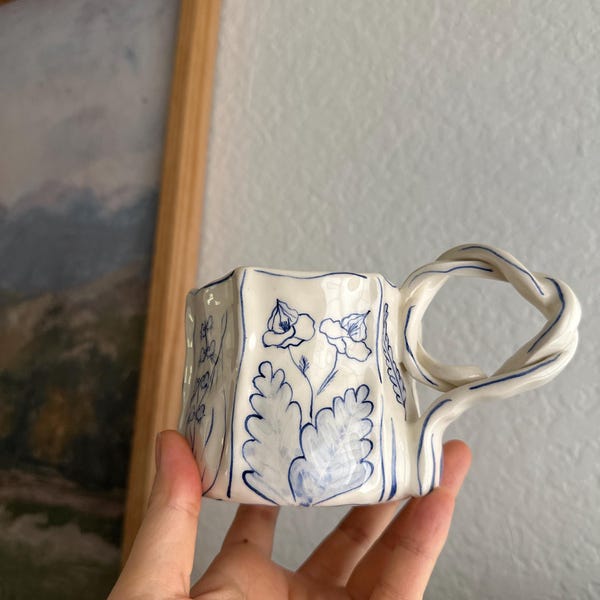 Handmade Unique Blue Floral Ceramic Mugs - Hand Painted Rustic Ceramic ...