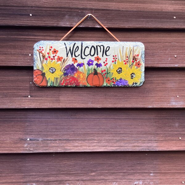 Painted Slate Welcome Sign, Basket of Daisies Slate Welcome Sign, Door ...