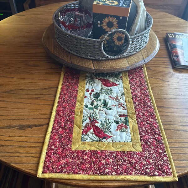 Red Cardinals Quilted Dining Table Runner, 13x48" Reversible, Winter ...