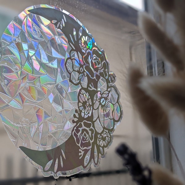 Floral Crescent Moon Glass Window Static Cling // Produces Rainbows ...