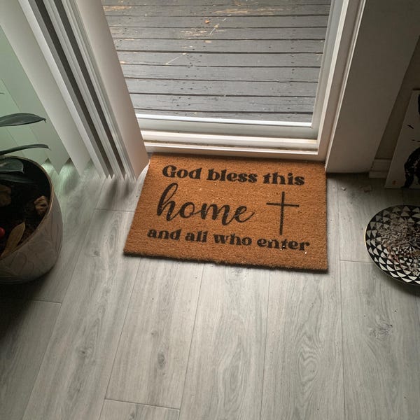 God Bless This Home and All Who Enter Doormat - Religious Welcome Mat ...