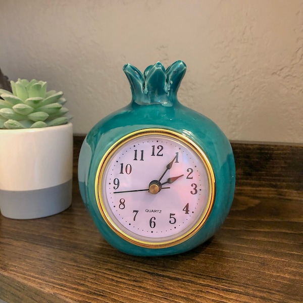 Dark Turquoise Pomegranate Clock, Table Clock, Desk Clock, Ceramic ...