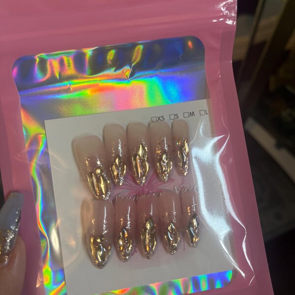 Champagne Armor Press on Nails Gel Nails Fake Nails Hand Made Sparlking ...