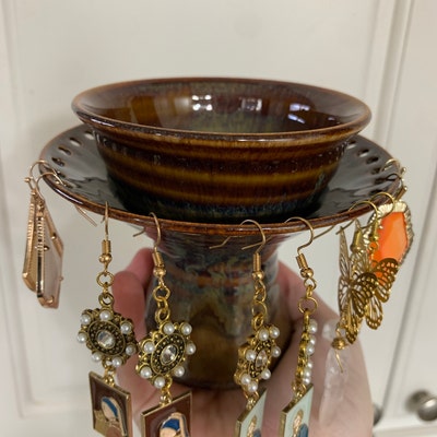 Ceramic Earring Holder With Dish in Waterfall Brown, Pottery Jewelry ...