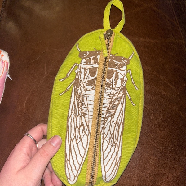 Cicada Zipper Pouch: Hand Screenprinted Cotton Canvas Pencil Bug Insect ...