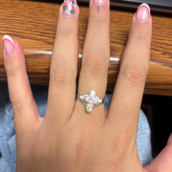 White Pearl Cross Ring: Wire Wrapped, Sterling Silver or Gold Filled ...