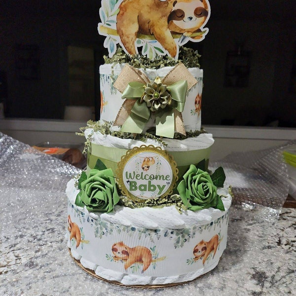 Sloth Greenery Diaper Cake Baby Shower, Green Leave Cake Centerpieces ...